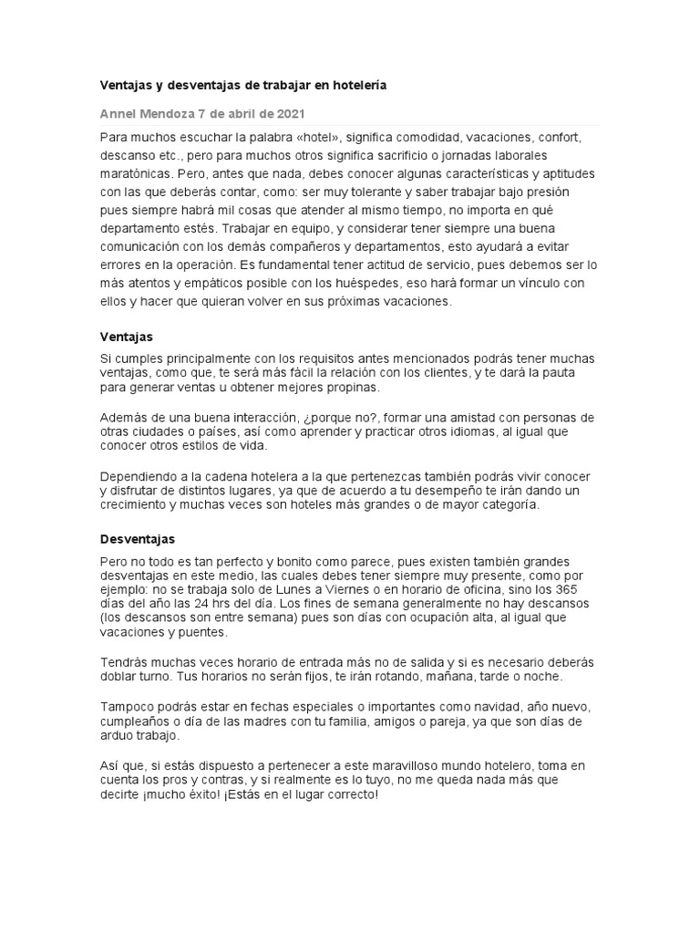 Ventajas y Desventajas Hotelería | PDF | Sicología | Turismo
