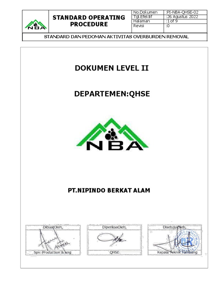 Standard Dan Pedoman Aktivitas Overburden Removal | PDF