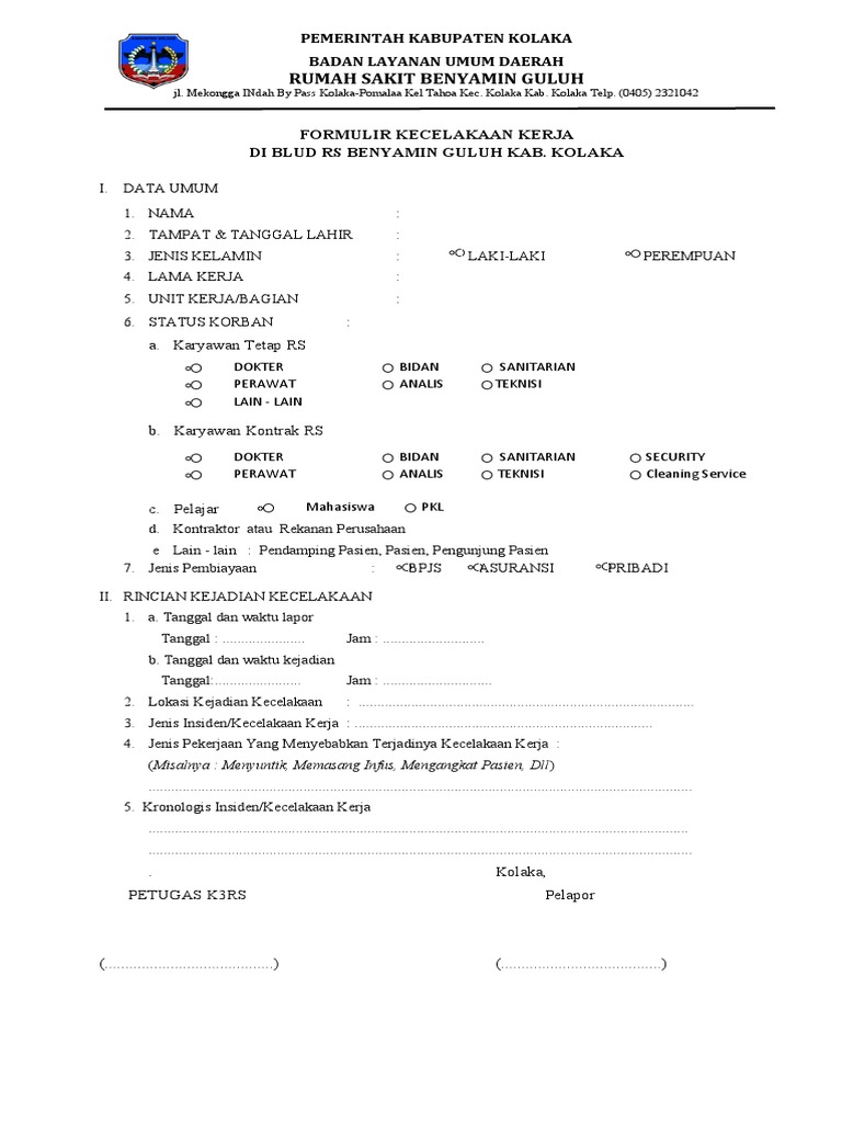 Formulir Kecelakaan Kerja RSBG | PDF