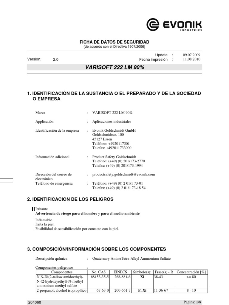 Ficha de Seguridad de Varisoft 222 LM | PDF | Combustión | Agua