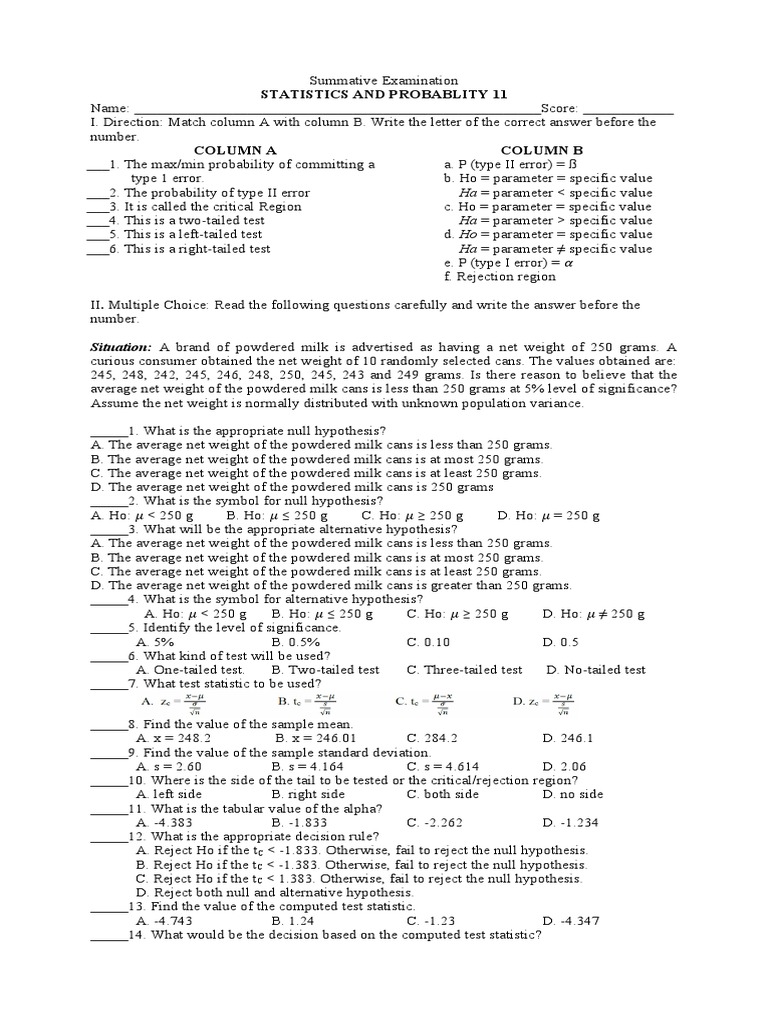 Summative Examination Stat | PDF | Statistical Hypothesis Testing ...