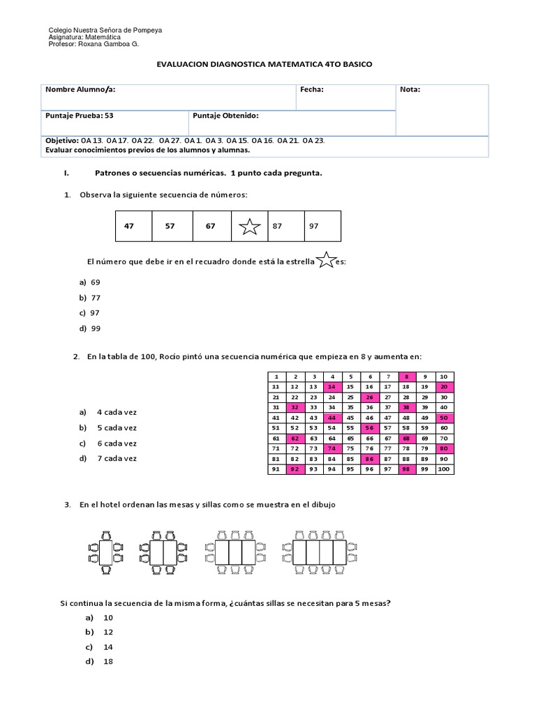 Evaluación Diagnóstica Matemática 4to Básico | PDF