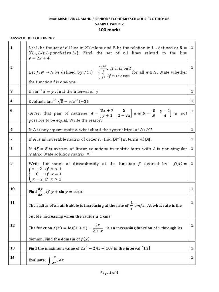 100 Marks: Maharishi Vidya Mandir Senior Secondary School, Sipcot-Hosur Sample Paper 2 | PDF ...