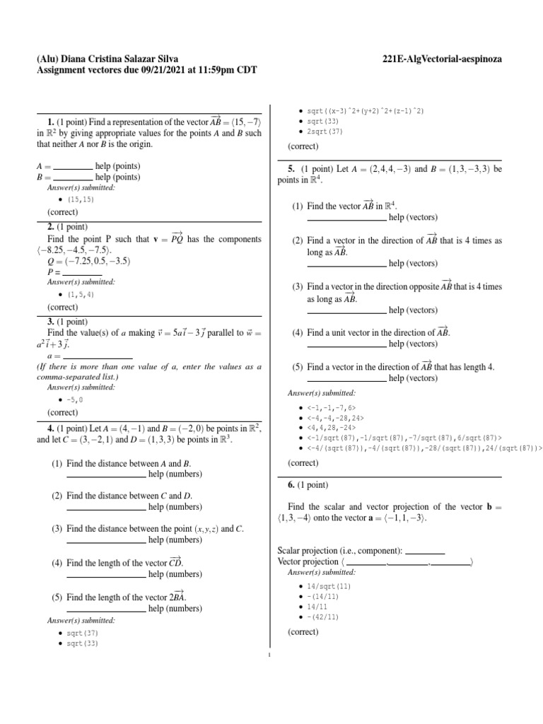 Webwork2 Vectores | PDF | Euclidean Vector | Abstract Algebra