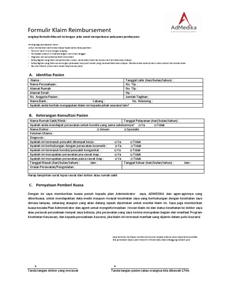 Formulir Klaim Reimbursement Admedika | PDF