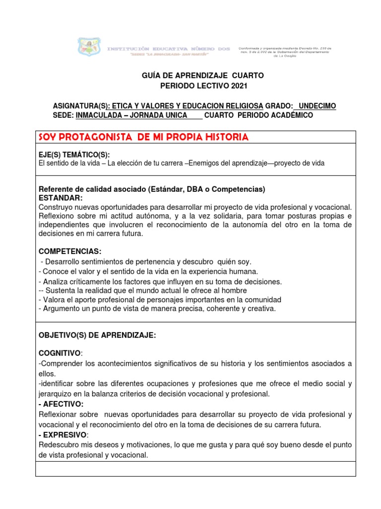 11° Etica-Religion 4P-2021 | PDF | Aprendizaje | Significado de la vida