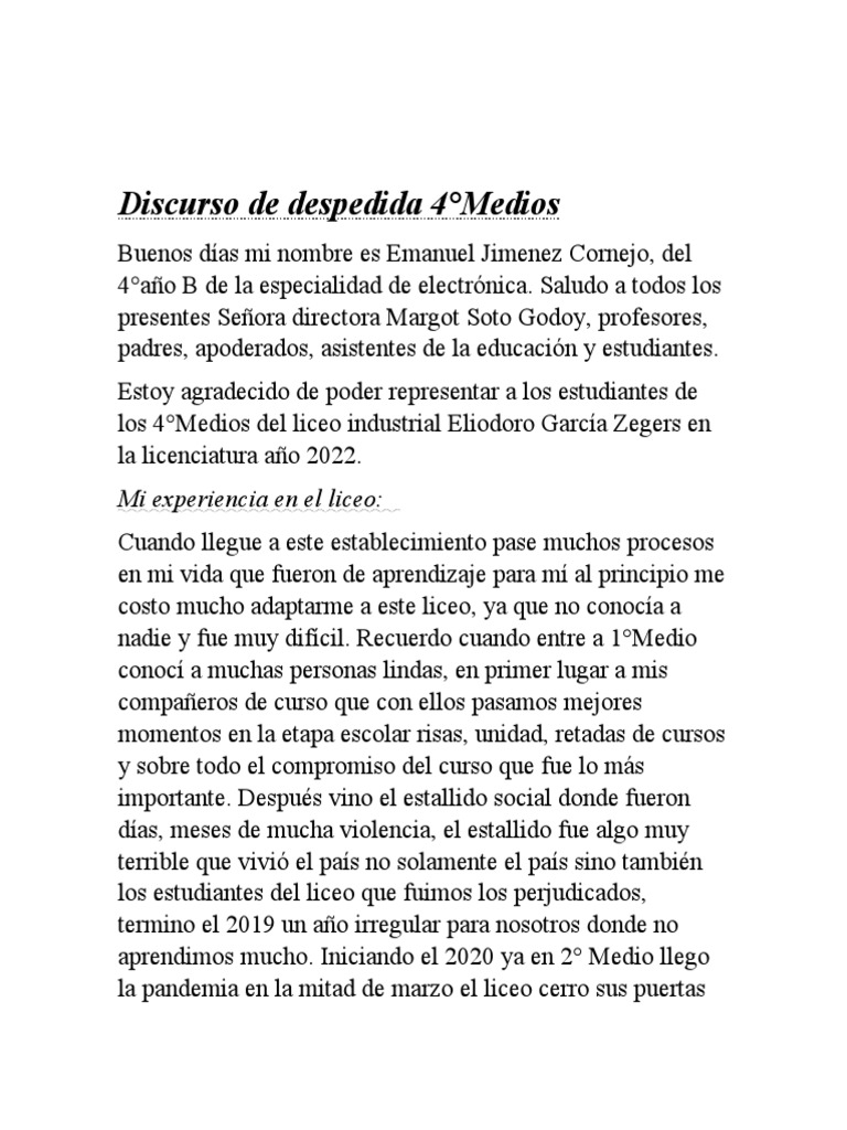 Discurso de Despedida 4medios - Docx 2 | PDF