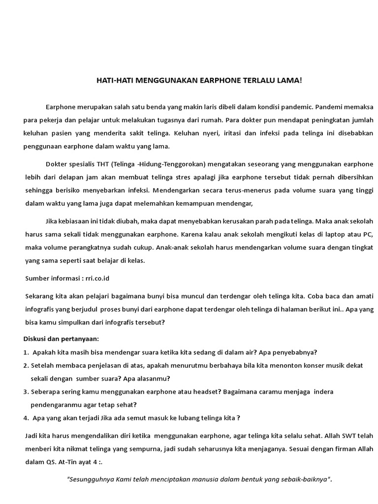 Bahan Ajar IPA Kelas 4 Bunyi Earphone Dan Telinga Lengkap | PDF