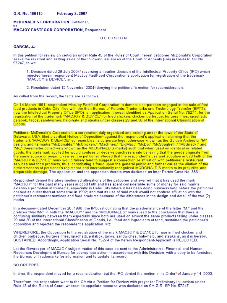 4 Mcdonalds Corp Vs Macjoy Corp | PDF | Trademark | Mc Donald's