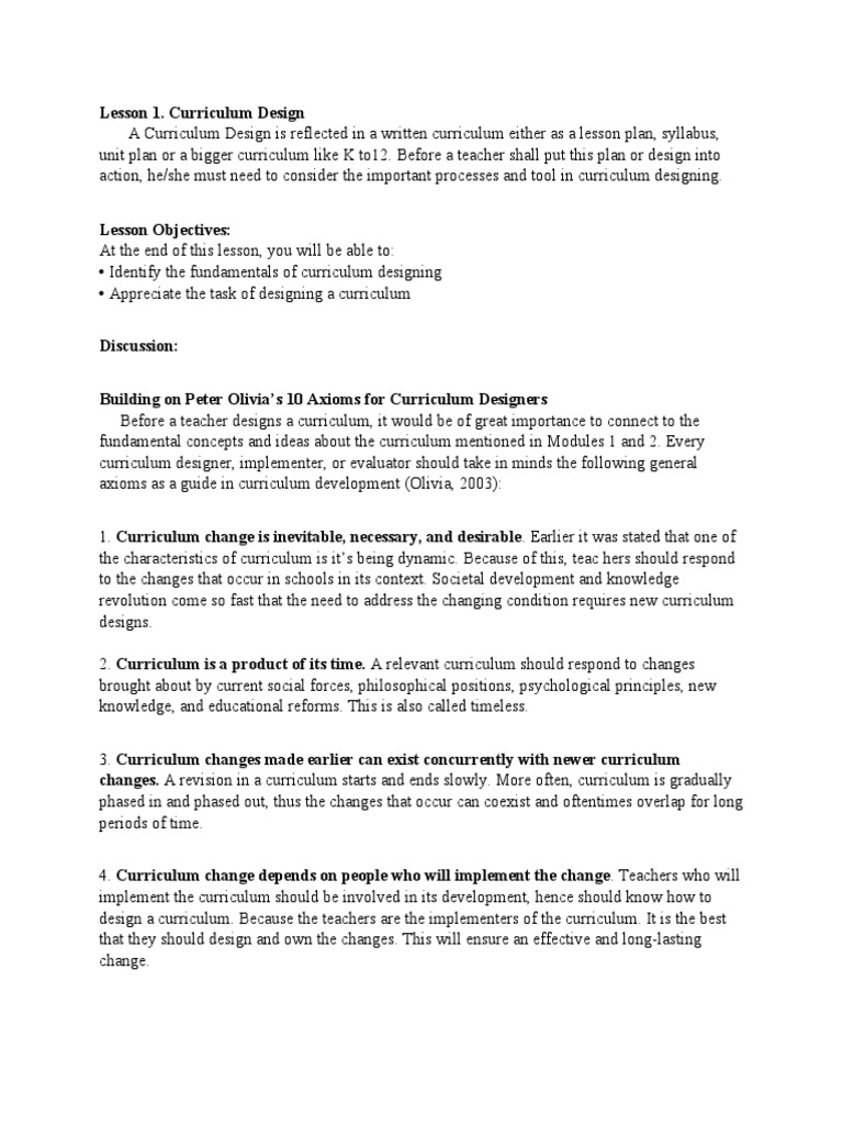 Lesson 1. Curriculum Design | PDF | Educational Assessment | Curriculum