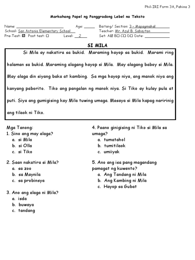 Phil-IRI New Passages LVL2 Filipino | PDF