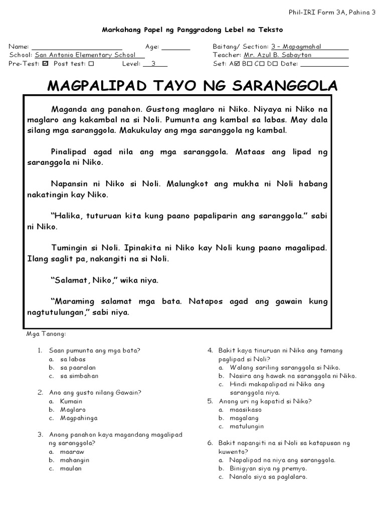 Phil-IRI New Passages LVL3 Filipino | PDF