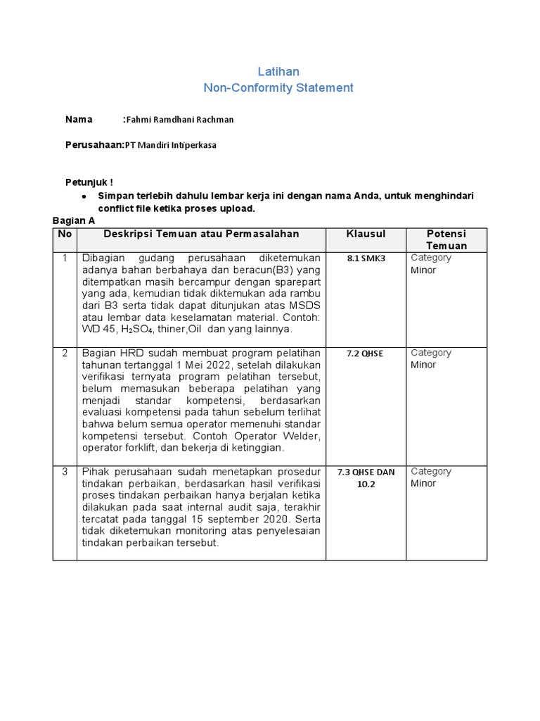 Fahmi Ramdhani Rachman - NonConformity Statement | PDF | Pengelolaan Keuangan & Uang