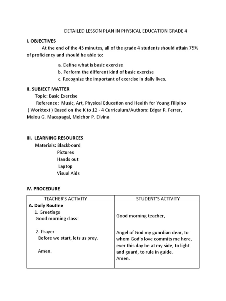 Grade 4 Physical Education Lesson Plan | PDF | Physical Exercise ...