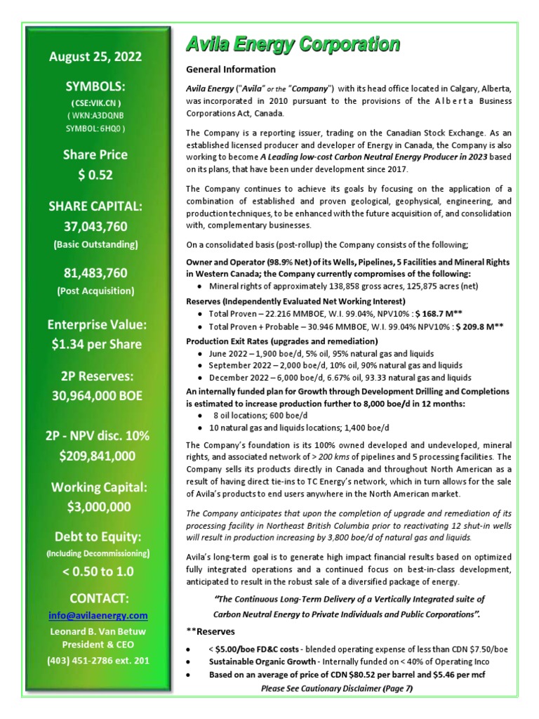 Avila Energy Fact Sheet - August 25, 2022 | PDF | Barrel (Unit ... Avila Energy Fact Sheet - August 25, 2022 | PDF | Barrel (Unit ...