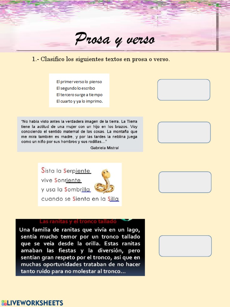 Prosa y Verso: 1.-Clasifico Los Siguientes Textos en Prosa o Verso ...