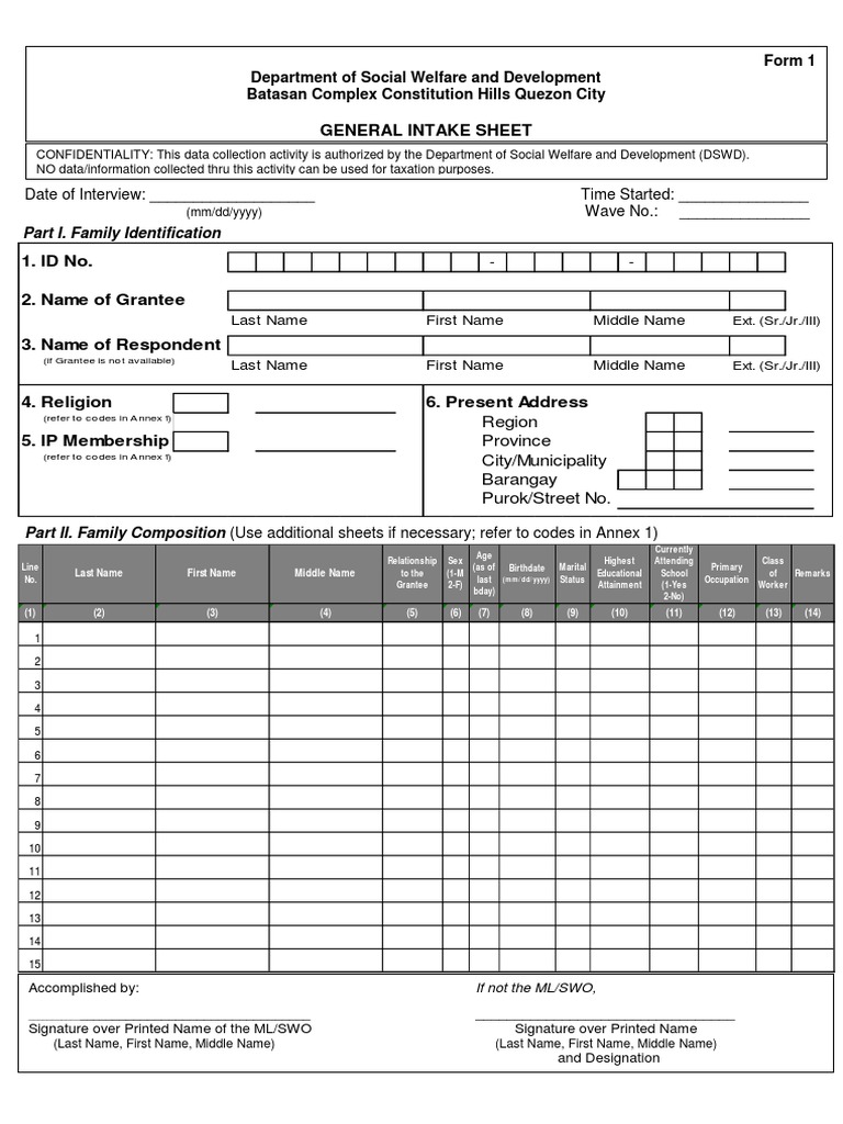 General Intake Sheet: Date of Interview: - Time Started: - Wave No. | PDF