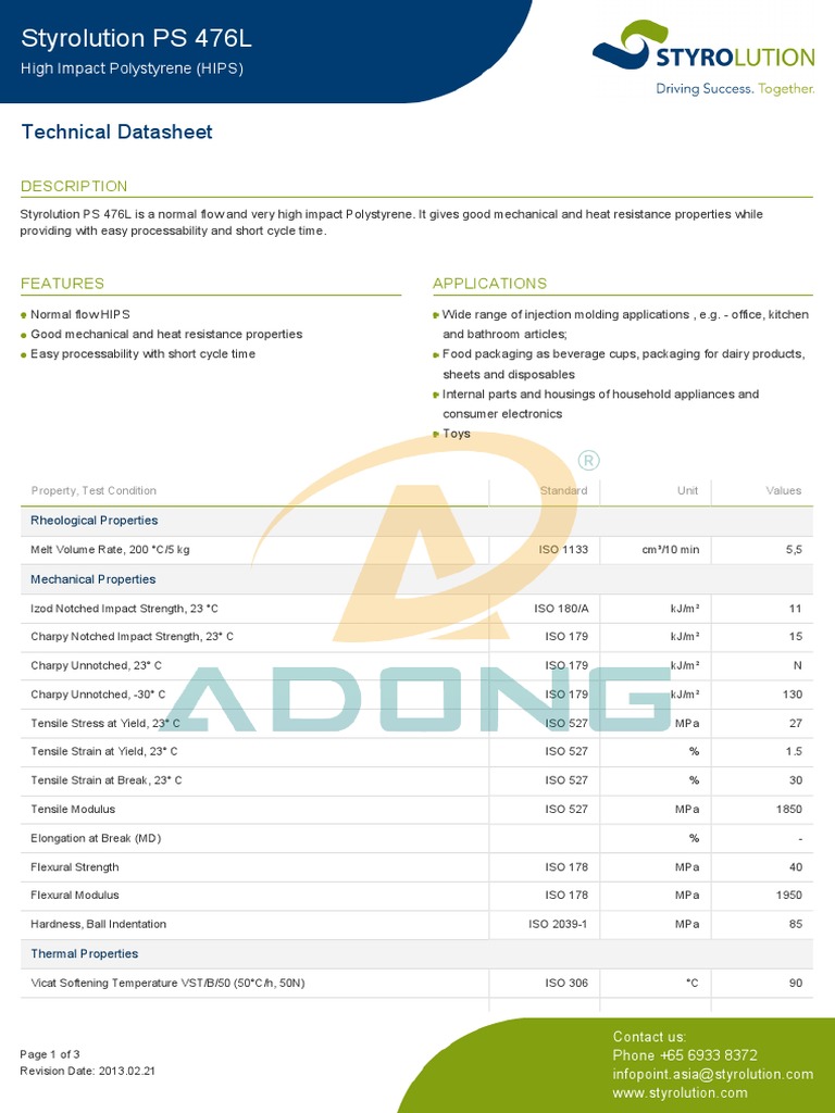 Styrolution PS 476L: Technical Datasheet | PDF | Polystyrene | Chemical ...