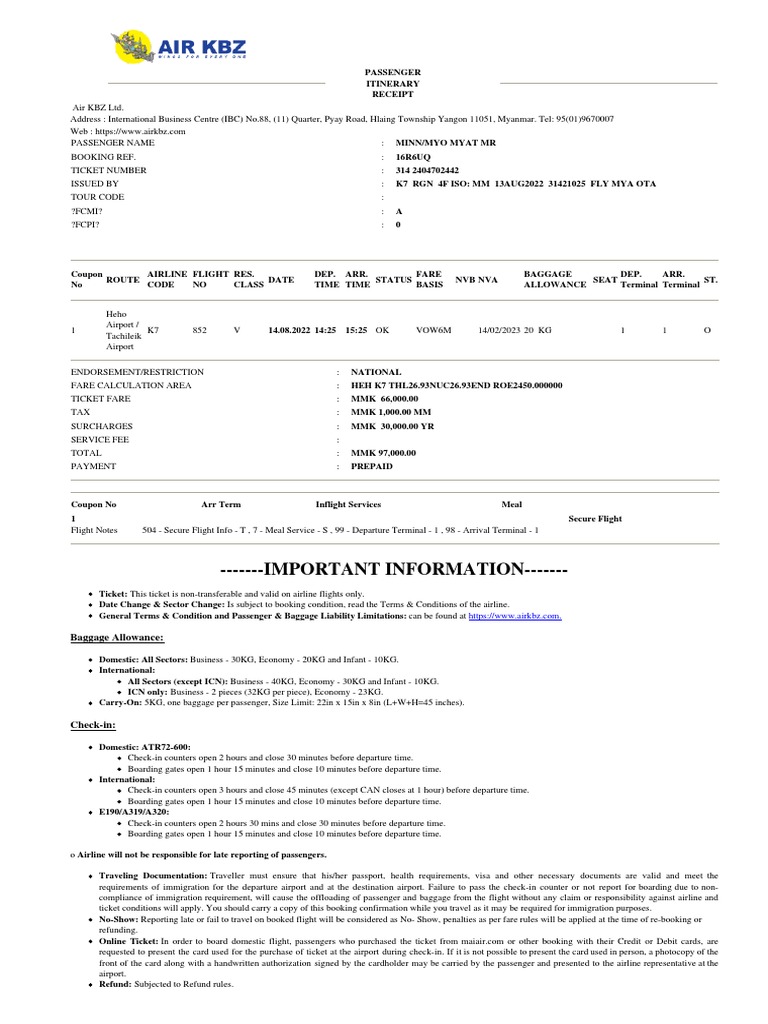 Passenger Itinerary Receipt for Domestic Flight from Heho Airport to ...