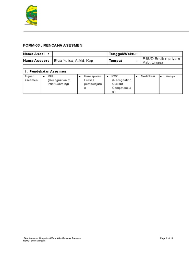 Form - 03 Rencana Asesmen | PDF