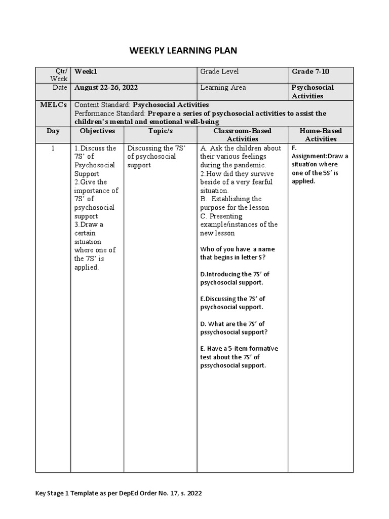 Weekly Learning Plan Psychosocial Support | Download Free PDF ...