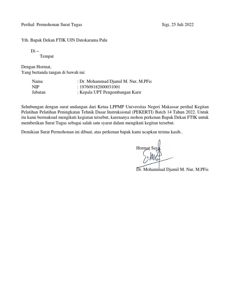 Permohonan Ke Dekan FTIK Palu - PEKERTI | PDF