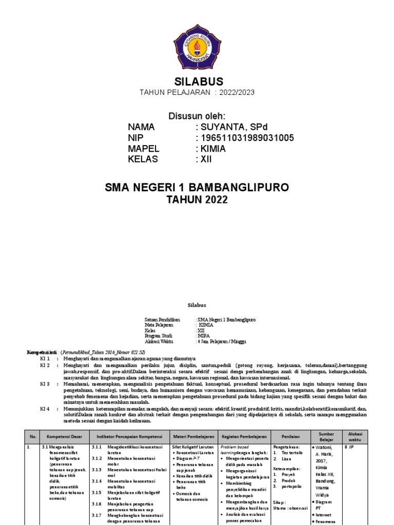 Silabus Kimia Kelas XII SMA 2022/2023 | PDF
