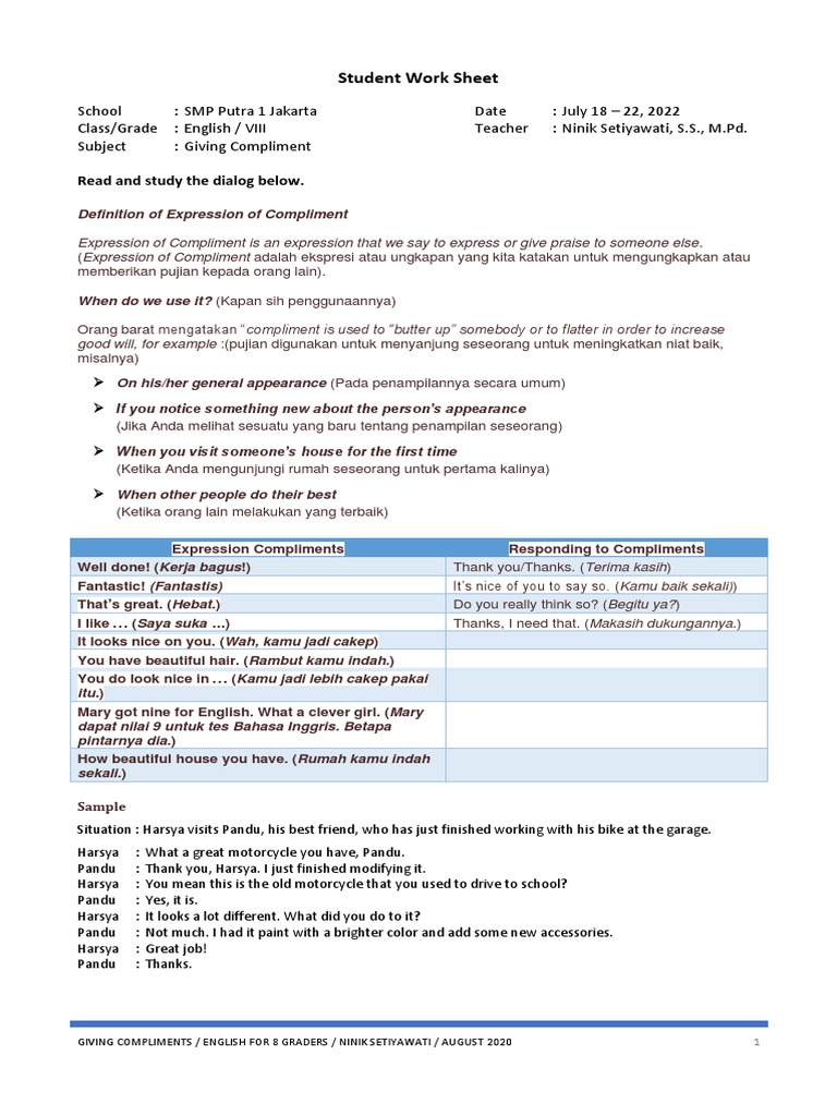 Student Work Sheet: Read and Study The Dialog Below | PDF