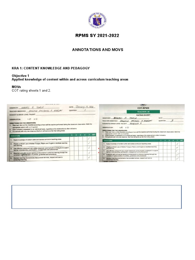 RPMS SY 2021-2022: Annotations and Movs | PDF | Teaching Method | Learning