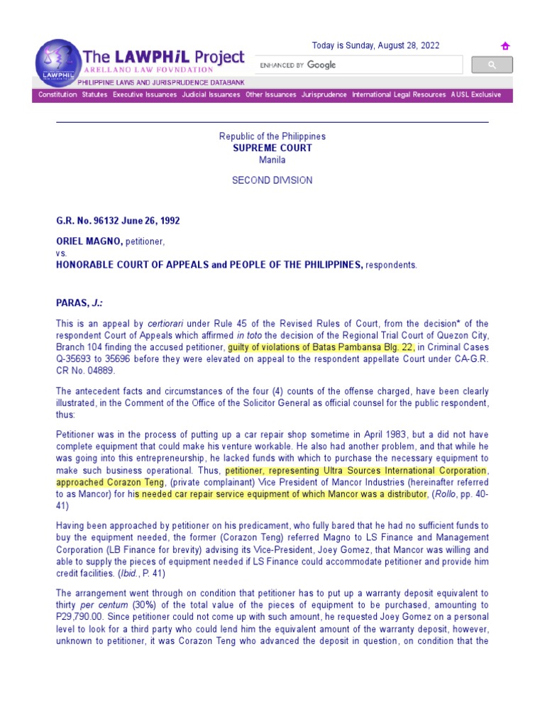 Magno v. Court of Appeals, G.R. No. 96132 June 26, 1992 | PDF | Lease ...