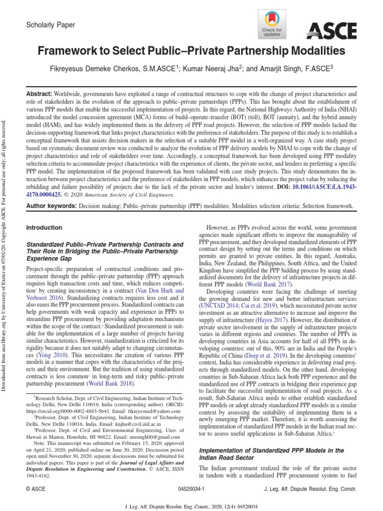 Framework To Select Public - Private Partnership Modalities: Scholarly ...
