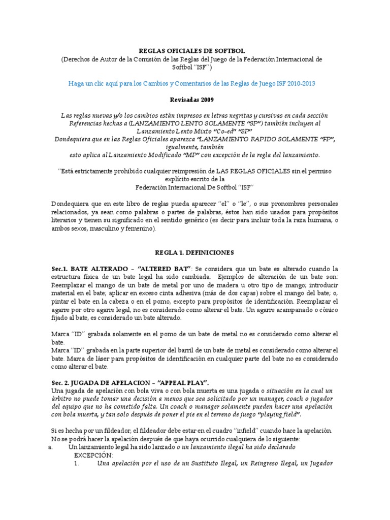 Reglas Oficiales de Softbol | PDF | Lanzador | Posiciones de Béisbol
