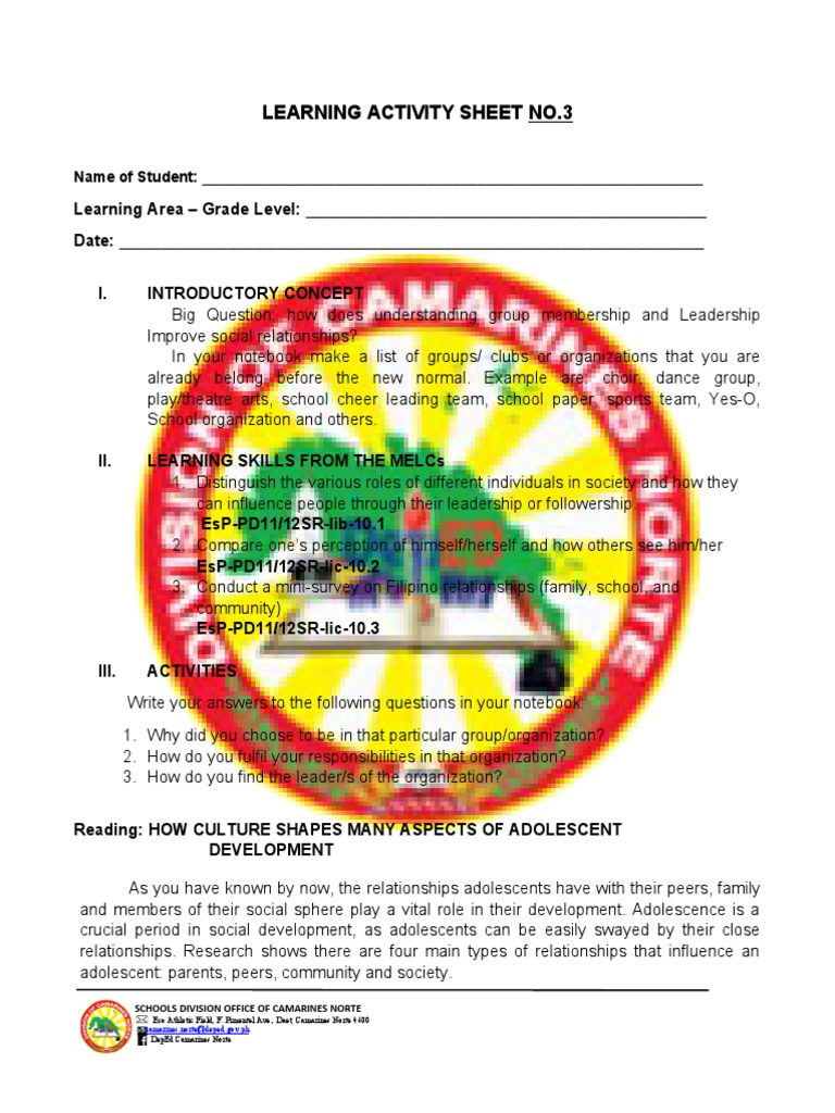 Learning Activity Sheet No.3: Learning Area - Grade Level: Date: I ...