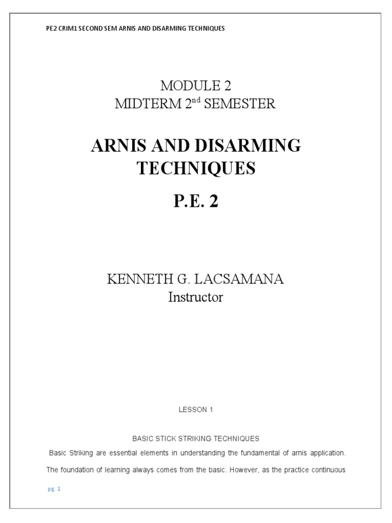 Arnis and Disarming Techniques P.E. 2: Midterm 2 Semester | PDF ...