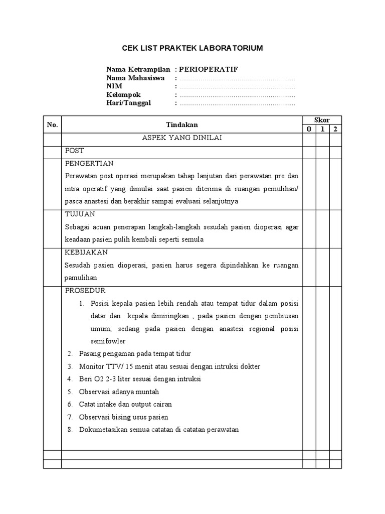 Ceklis Sop Perioperatif | PDF