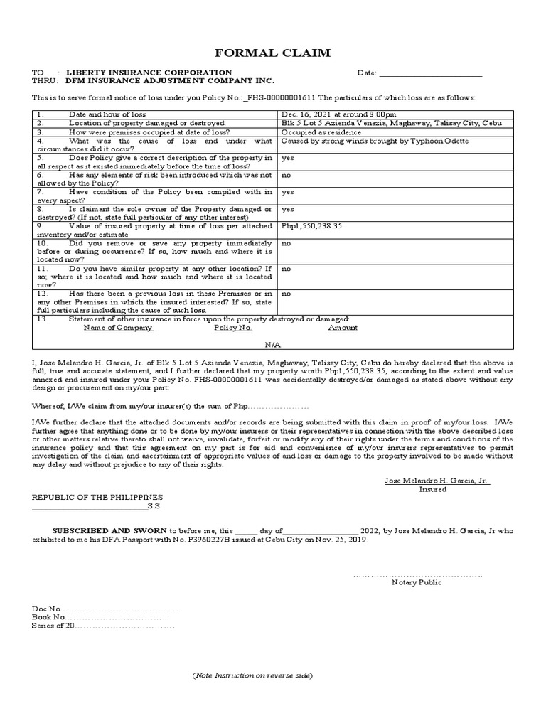 Formal Claim For Fire Loss | PDF | Insurance | Private Law