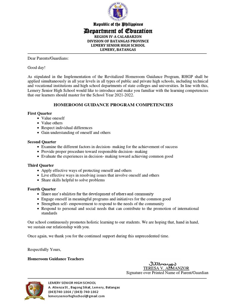 Letter To Parents and Guardians About HGP Competencies | PDF | Learning | Education Theory