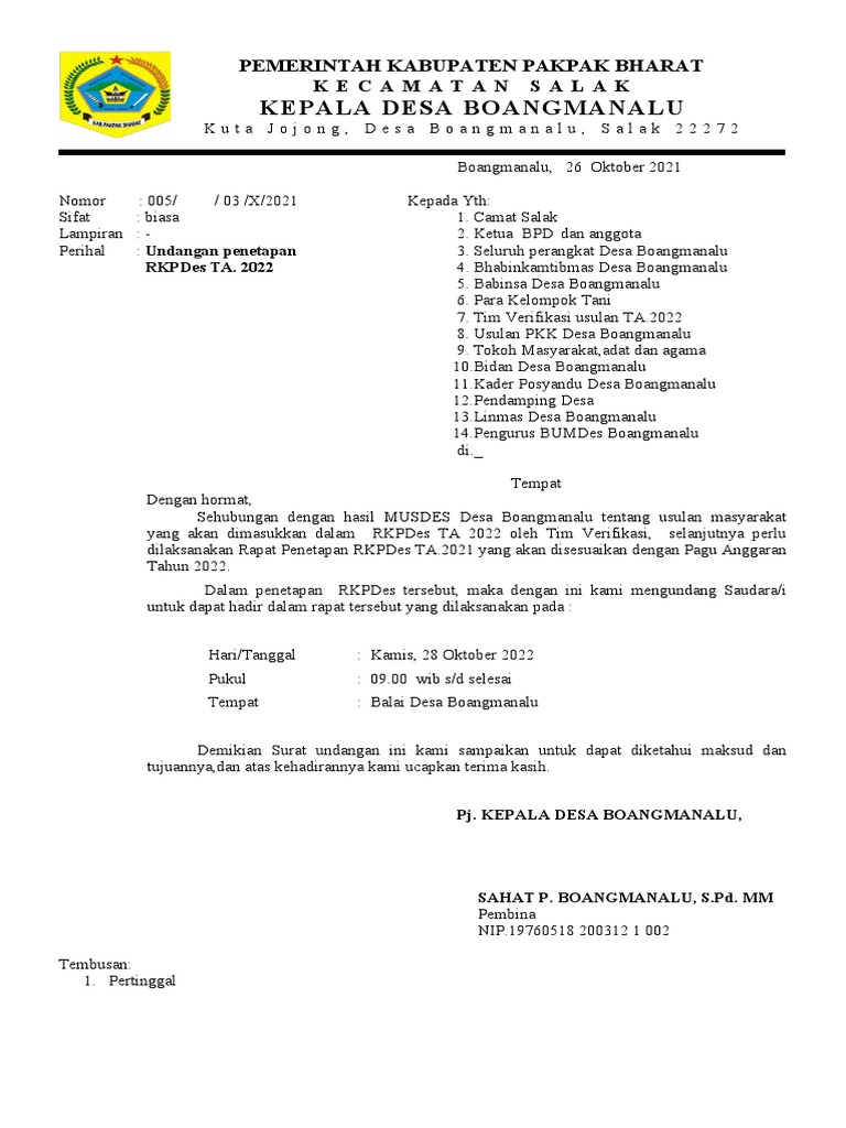Undangan Penetapan RKPDes 2020 | PDF