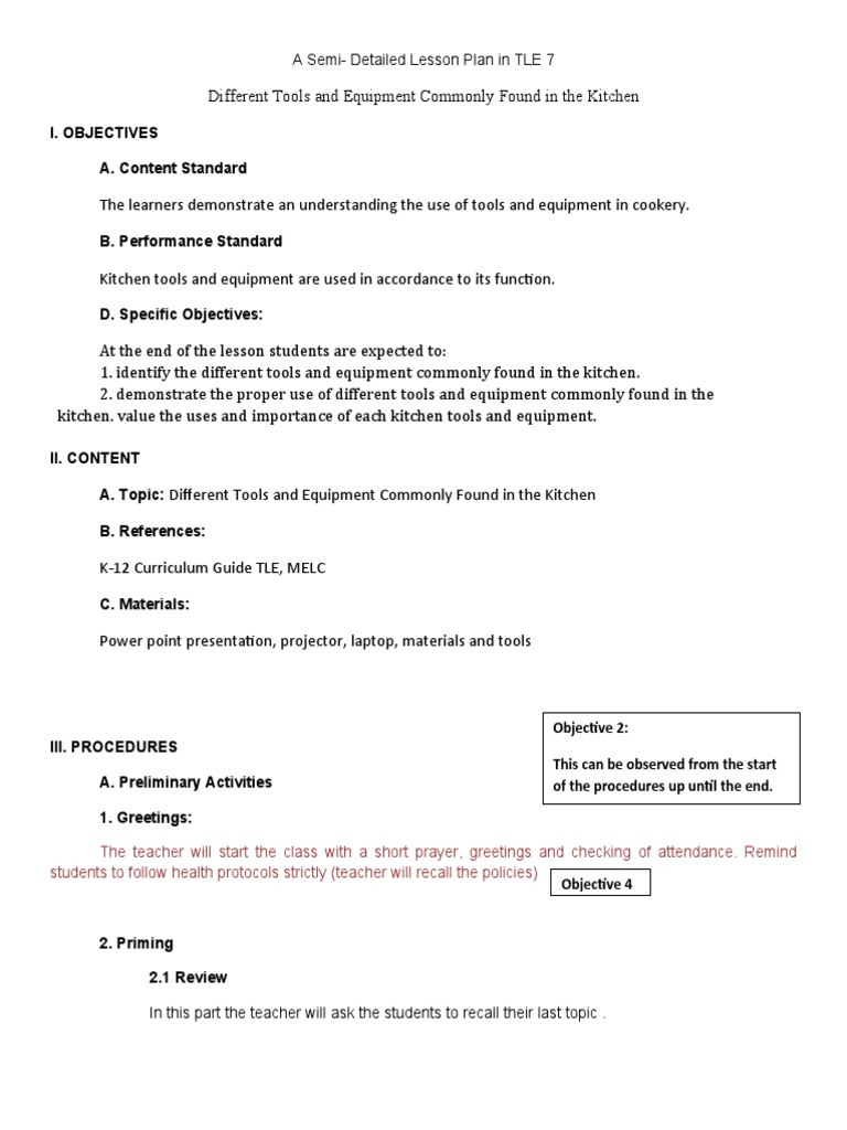 A Semi-Detailed Lesson Plan in TLE 7 | PDF | Kitchen | Cognition