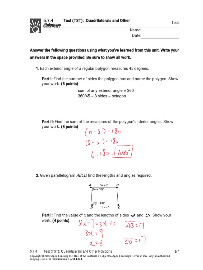 5.7.4 Test (TST) - Quadrilaterals and Other Polygons (Test) | PDF ...