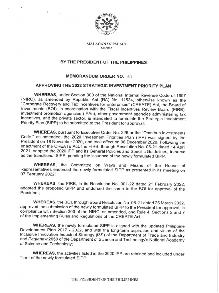 Certified Copy of Memorandum Order No 61 Approved 2022 SIPP | PDF