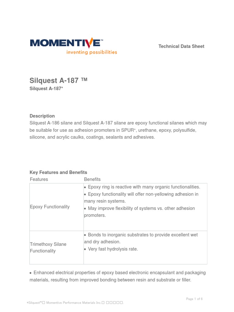 MOMENTIVE - Silquest A-187 - Adhesion Promoter TDS | PDF | Epoxy ...