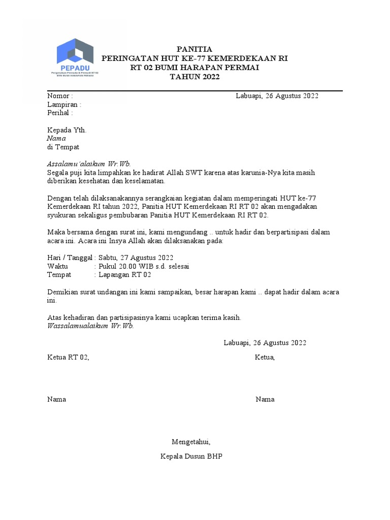 Surat Undangan Acara 17an HUT RI Tahun 2022 | PDF