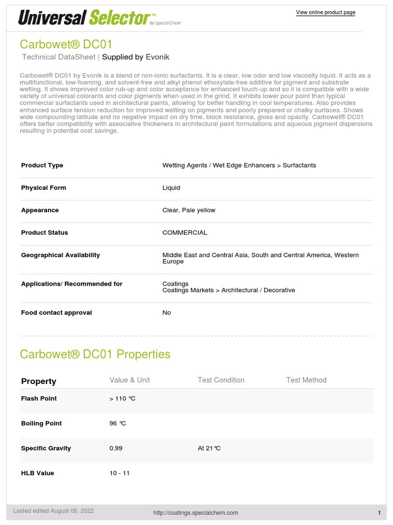 Carbowet® DC01 - Evonik | PDF | Surfactant | Paint