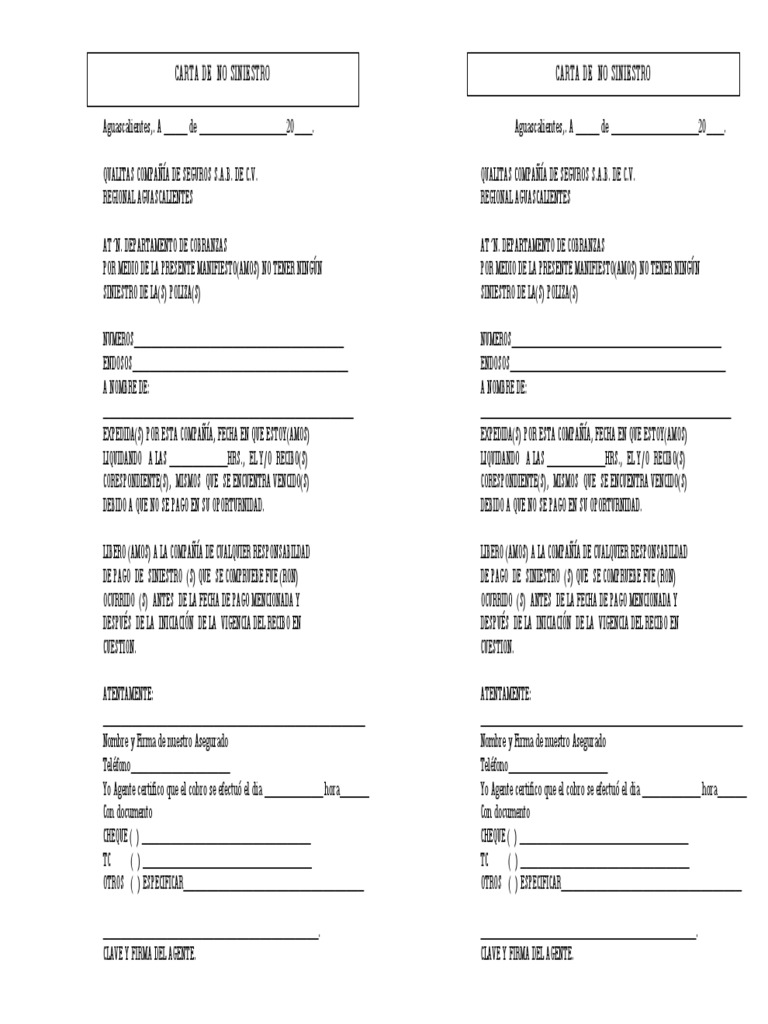Carta de No Siniestro 2020 (Actual) | PDF | Servicios financieros | Seguro