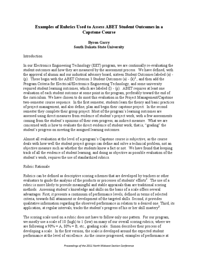 Examples of Rubrics Used To Assess Abet Student Outcomes in A Capstone ...