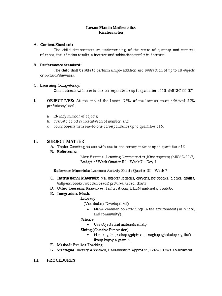 Lesson Plan Kinder Math | Download Free PDF | Teachers | Lesson Plan