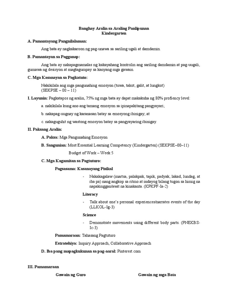 Lesson Plan Kinder Aral Pan | PDF