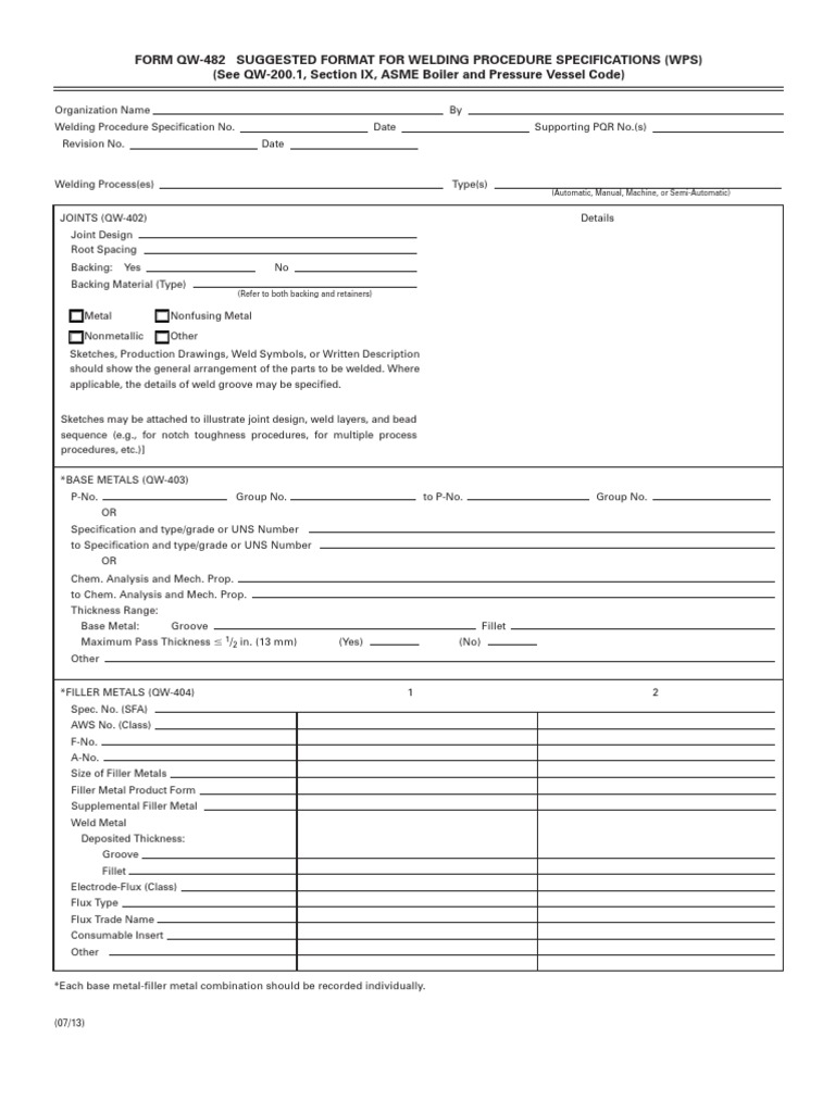 Form Qw-482 Suggested Format For Welding Procedure Specifications (WPS ...
