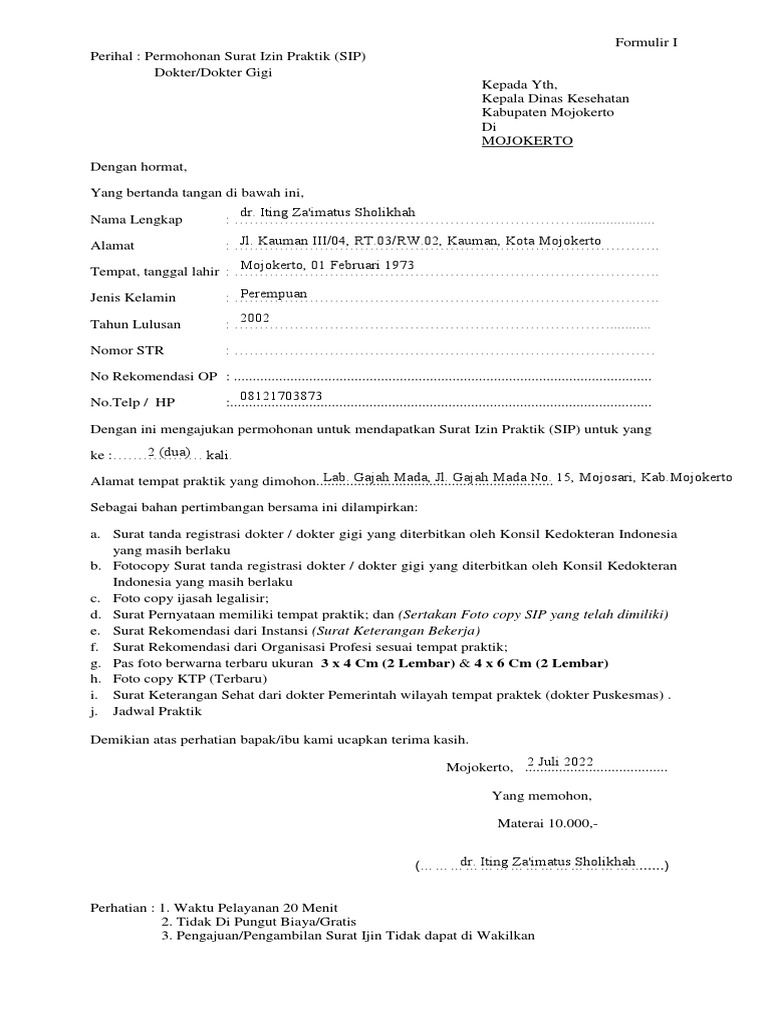 Permohonan SIP Dokter Mojokerto | PDF